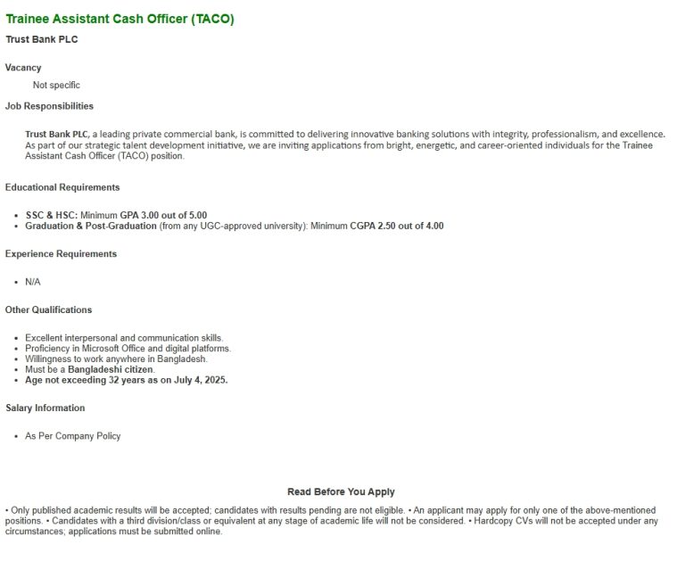 Trust Bank TJO and TACO Job Circular 2025 - EXAM SERIOUS
